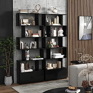 SILKYDRY 6-Tier Geometric Bookcase with Cabinet, 72 Inch Freestanding Room Divider Bookshelf, S-Shaped Open Display Book Shelf for Bedroom, Modern Bookcases with Doors and Shelves (2, Black)