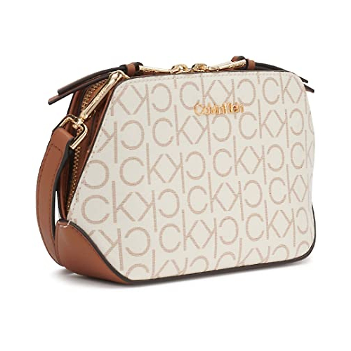 Calvin Klein Lucy Triple Compartment Crossbody, Vanilla/Khaki/Caramel Embossed