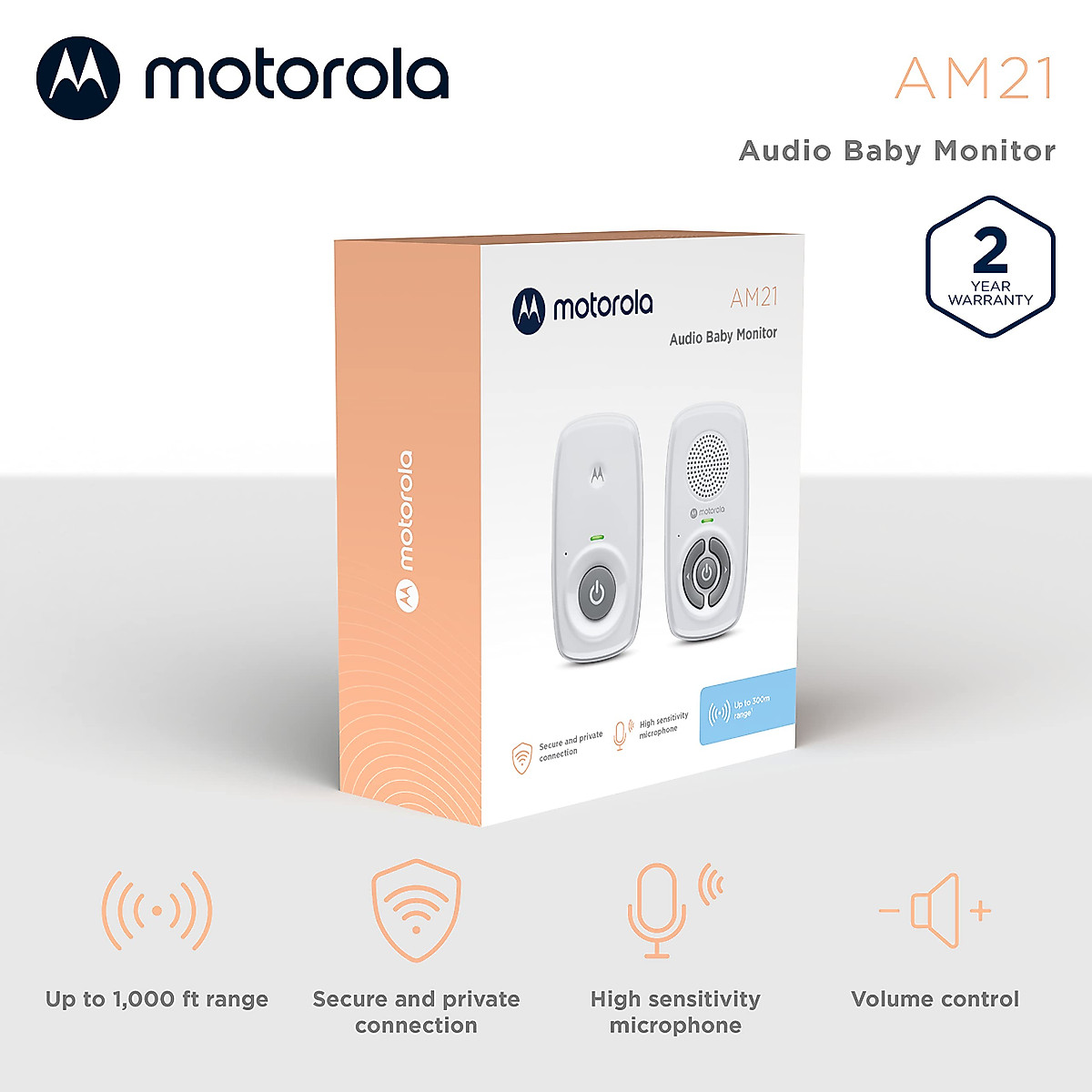 Motorola Nursery AM21 Audio Baby Monitor, 1-Way Audio, 1000ft Range, Sensitive Mic, Volume Control, Portable Parent Unit (AAA Batteries Not Included)