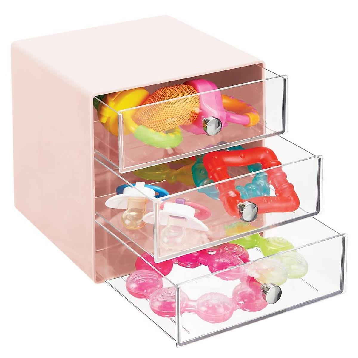 mDesign Plastic 3-Drawer Stackable Nursery Storage Organizer for Baby/Kids Bedroom, Changing Table, Playroom, Modern Organization for Diaper Creams and Small Toys, Lumiere Collection, Light Pink/Clear