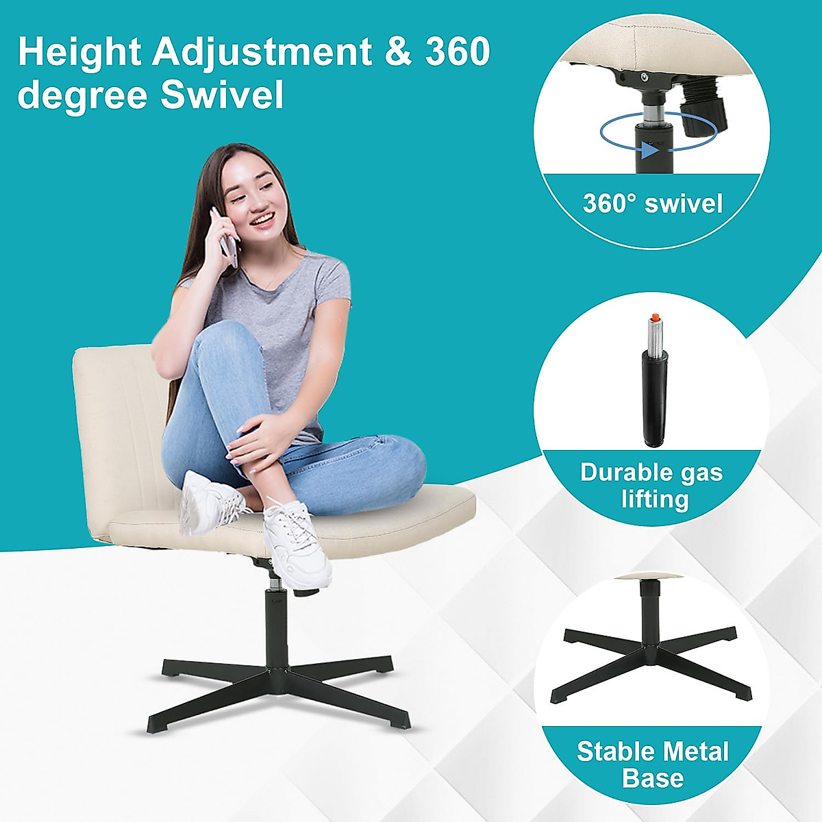 BestOffice Criss Cross Chair Comfy Armless Cross Legged Office Chair No Wheels Desk Chair Wide Adjustable Swivel Computer Task Vanity Chair for Reading, Computer Gaming, Home Office, Vanity (Beige)