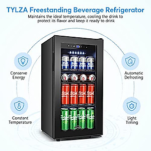 Tylza Mini Beverage Cooler Refrigerator Freestanding, 130 Cans Beverage Fridge with Glass Door for Beer Soda and Wine, Small Drink Fridge for Office or Bar with Adjustable Removable Shelves