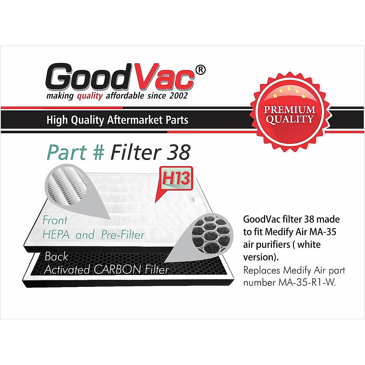 GOODVAC H13 True HEPA Filter Compatible with Medify Air MA-35 (Replaces MA-35-R1-W)