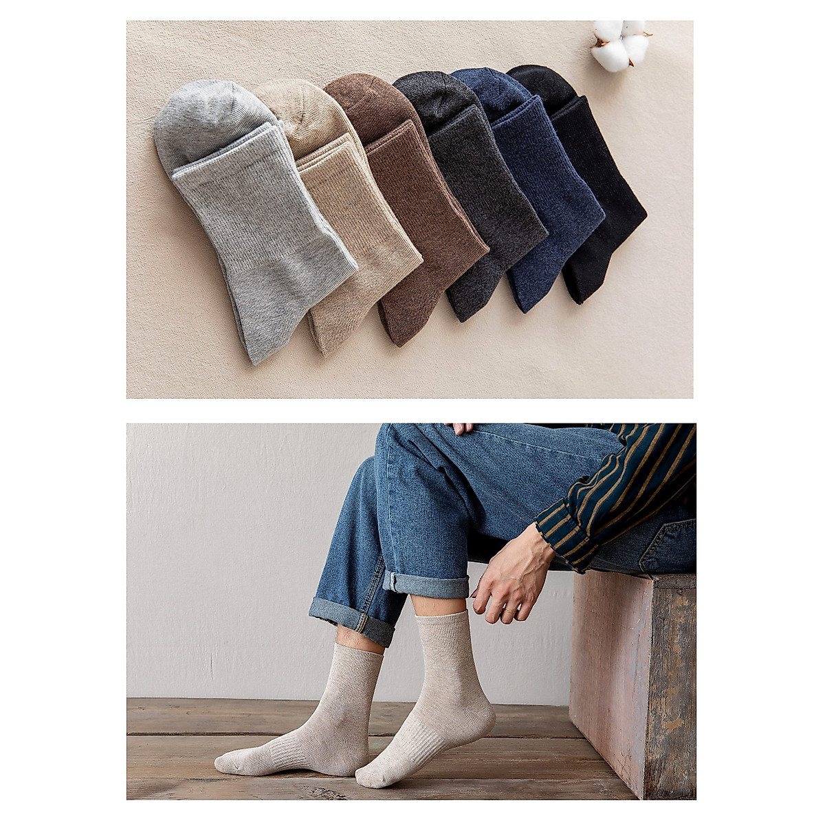 Norther30° Mens Cotton Crew Socks Thin Cushioned Cotton Socks for Mens Calf Socks 7Pairs