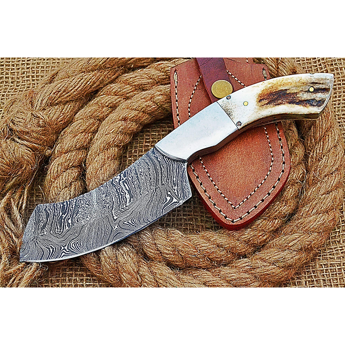 HUNTEX Handmade Hand-Forged Twist Pattern Damascus Steel 9 Inch Long Full Tang Natural Deer Antler Handle Razor Sharp Hunting Camping Cleaver Knife w/Genuine Leather Sheath