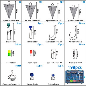 Saltwater Surf Fishing Tackle Kit Fishing Gear Tackle Box with Tackle Included Fish Finder Rigs Pompano Rig Pyramid Sinker Weight Fishing Hook Swivels Fishing Beads Accessories (198pcs)