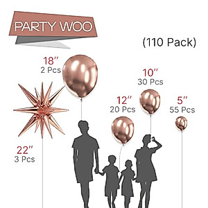 PartyWoo Metallic Rose Gold Balloons, 110 pcs 22 Inch Star Balloons and Rose Gold Balloons Different Sizes Pack of 18 Inch 12 Inch 10 Inch 5 Inch for Balloon Garland Balloon Arch as Party Decorations