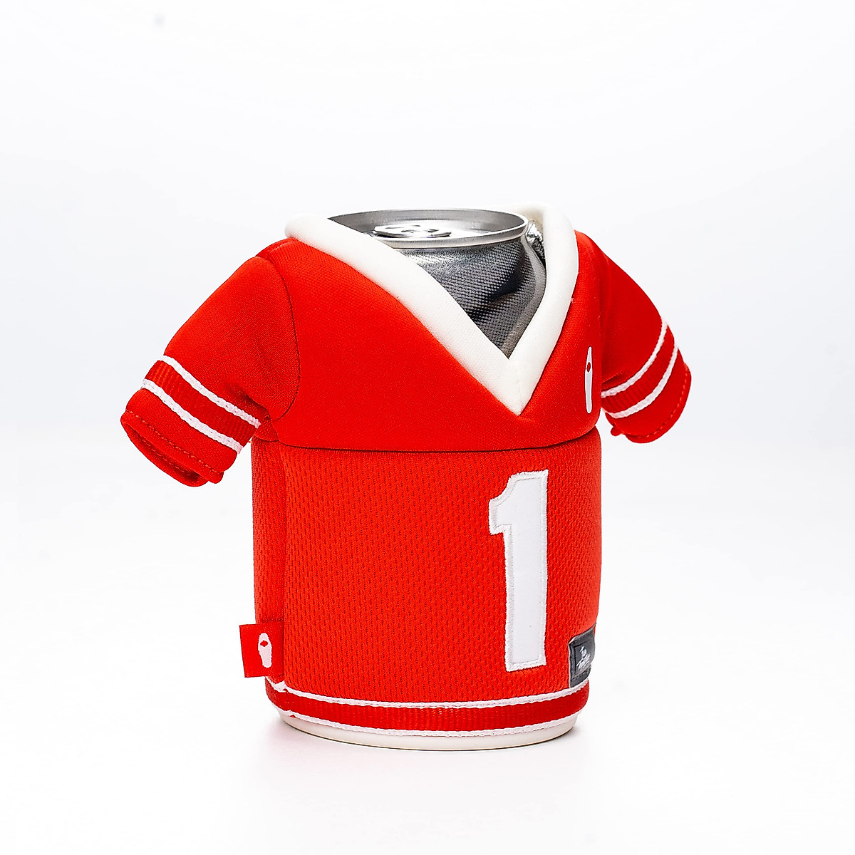 Puffin - The Gridiron Jersey - Insulated 12 oz Can Cooler I Beer Bottle & Soda Can Insulator, Keep Drinks and Beverages Cold (Risky Red/Sandy White)