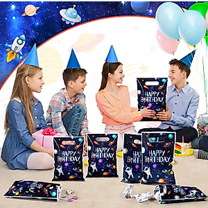 Bokon 50 Pcs Outer Space Birthday Bag Bulk Galaxy Plastic Gift Bags with Handle Planet Party Favor Bags Solar System Astronaut Candy Bags for Kids Birthday Space Theme Party Bags Supplies