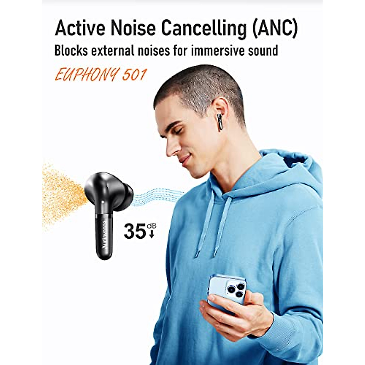 Audiovance Euphony 501 Wireless Earbuds Bluetooth Headphones for iPhone and Android, Active Noise Cancelling Wireless Ear Buds (EU501)