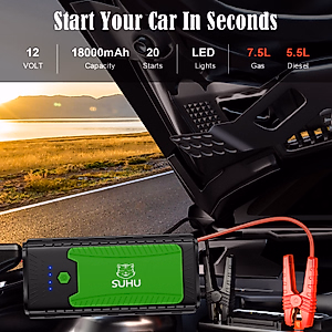 Car Battery Jump Starter, SUHU 1500A Peak 18000mAh Safe Lithium Car Battery Starter, 12V Car Auto Battery Booster (Up to 7L Gas/5.5L Diesel Engine) with QC 3.0 Fast Charge, 2*USB Port &LED Flashlight