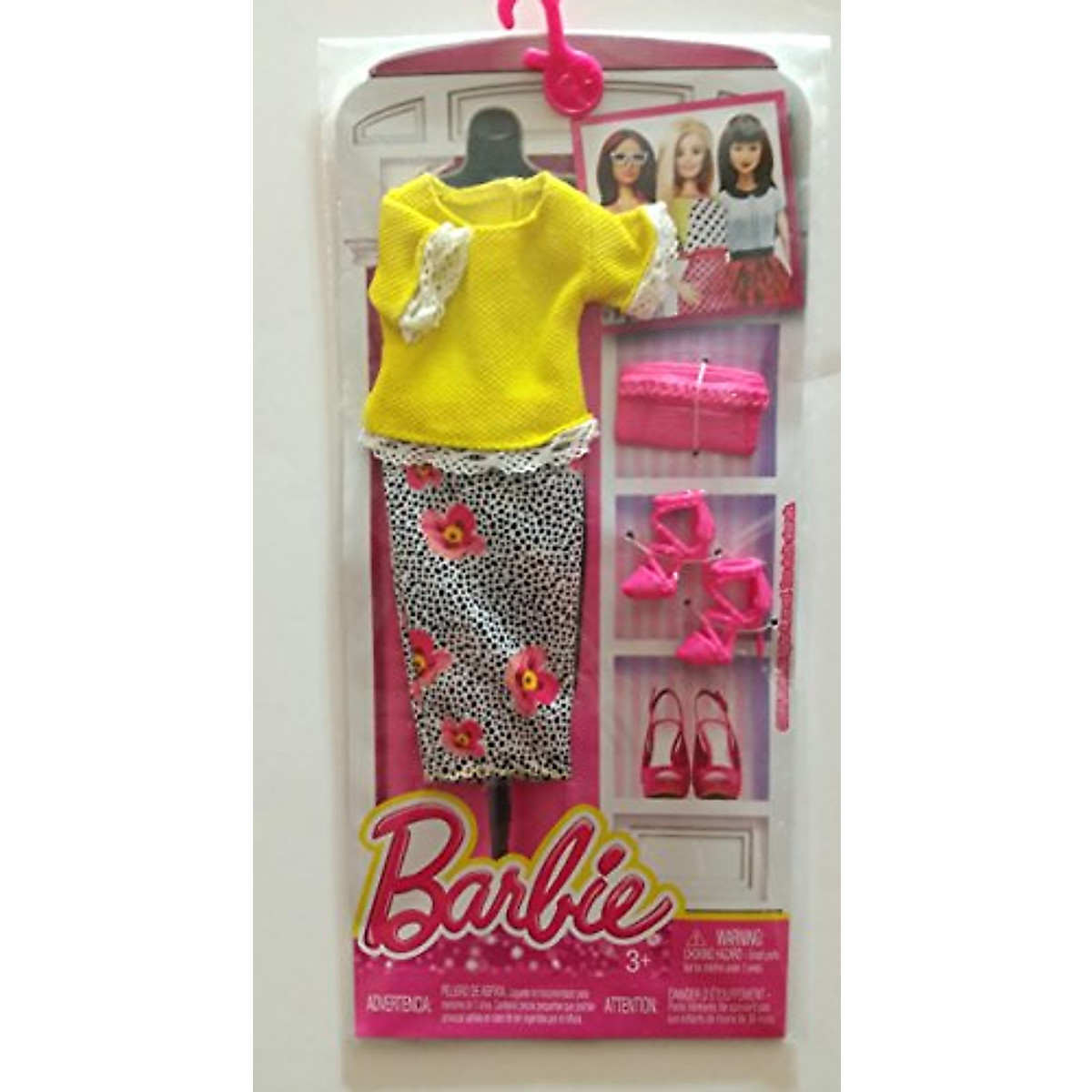 Barbie Complete Fashion Spring is Here Outfit,Yellow Blouse with White Lace-Like Trim and Black and White Skirt with Pink Spring Flowers,Pink Strapped Stilletto Shoes and Matching Envelope Purse