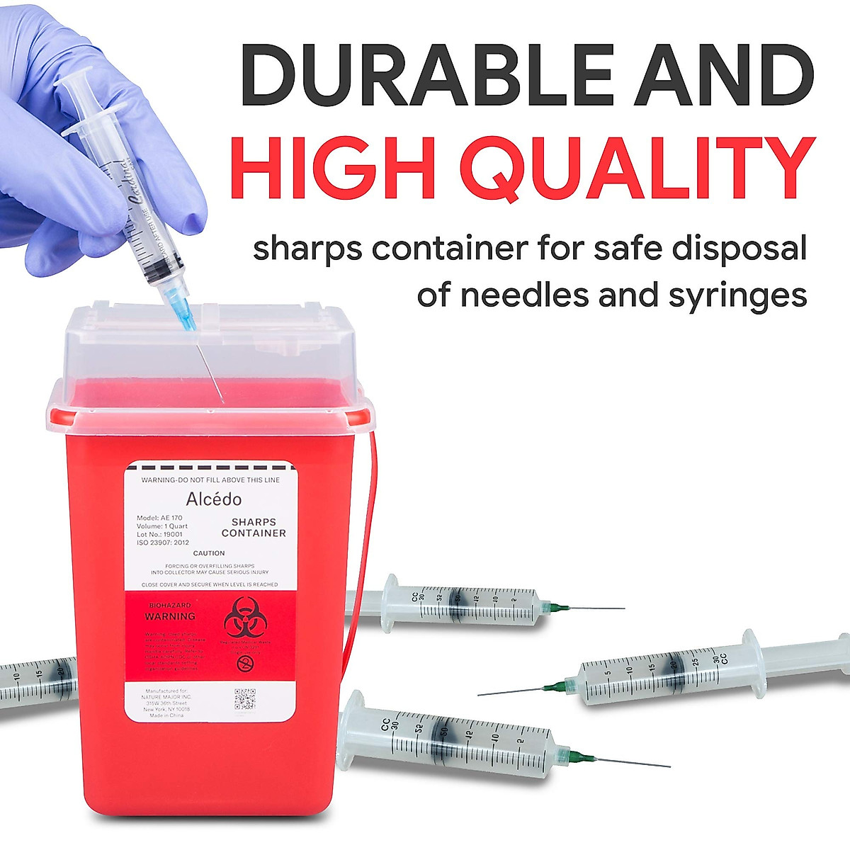 Sharps Container for Home Use and Professional 1 Quart (3-Pack) by Alcedo | Biohazard Needle and Syringe Disposal | Small Portable Container for Travel