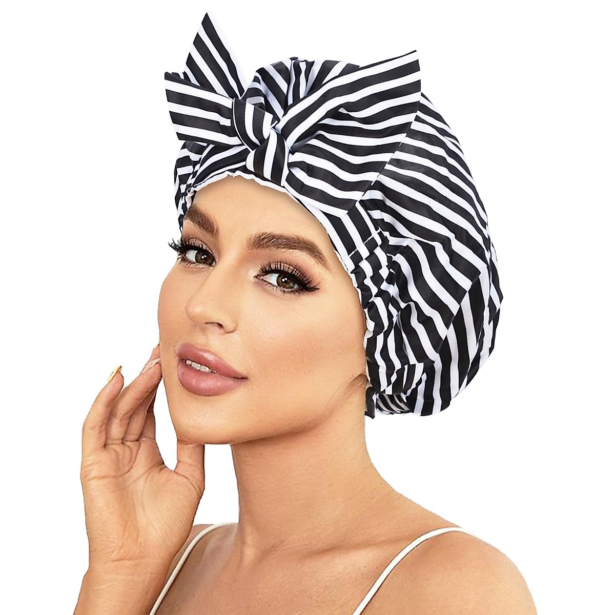 2 PCS Shower Caps for Women Resuable Waterproof Adjustable Shower Caps with Bowknot Hair Bath Cap for Natural Hair