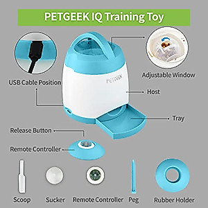 PETGEEK Automatic Dog Feeder Toy, Interactive Dog Puzzle Toys Treat Dispensing, Electronic Dog Food Dispenser Remote Control, Safe ABS Material Pet Toy for All Breeds of Dogs, Blue Color