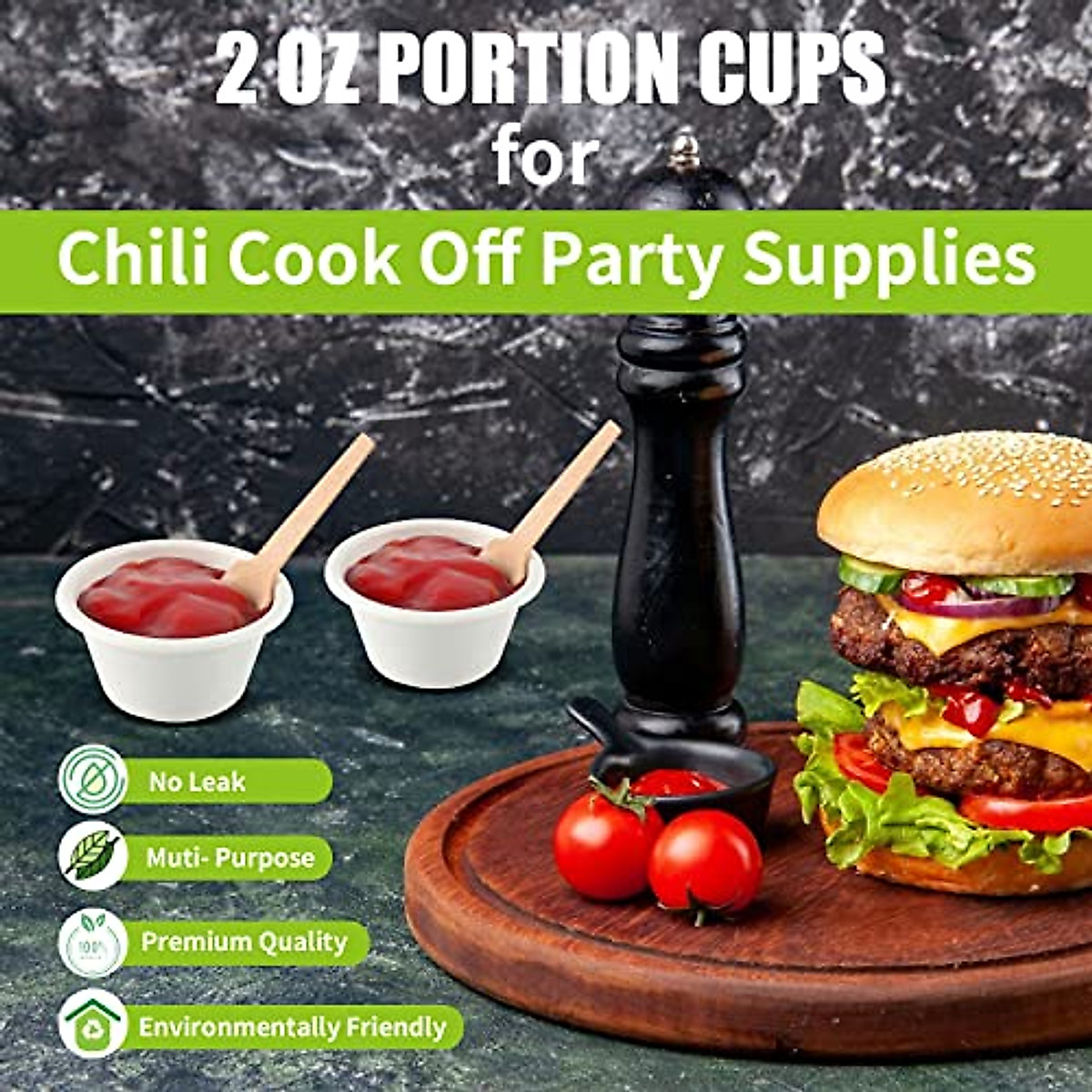 100 Set 2 oz Portion Cups Paper Souffle Portion Cups with Wooden Spoons Disposable Chili Cook Off Sample Cups for Party Supplies (100)