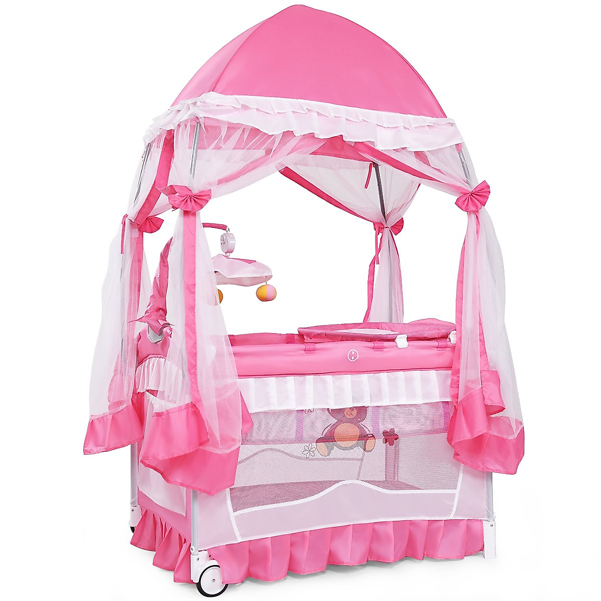 BABY JOY 4 in 1 Pack and Play with Extended Canopy, Portable Baby Playard Bedside Sleeper with Side Zipper Entrance, Wheels & Brake, Baby Girl Pink Bassinet Crib from Newborn to Toddler