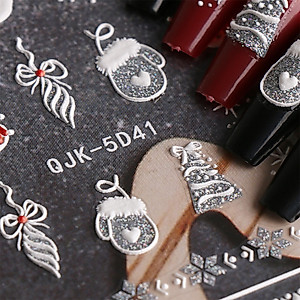 JMEOWIO 6 Sheets 3D Embossed Christmas Glitter Nail Art Stickers Decals Self-Adhesive Pegatinas Uñas 5D Snowman Elk Snowflake Xmas Winter Holiday Nail Supplies Nail Art Design Decoration Accessories