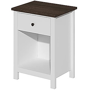 ChooChoo Farmhouse End Table with Drawer, White Bedside Table with Storage Cabinet for Bedroom, Wooden Nightstand Side Table Living Room