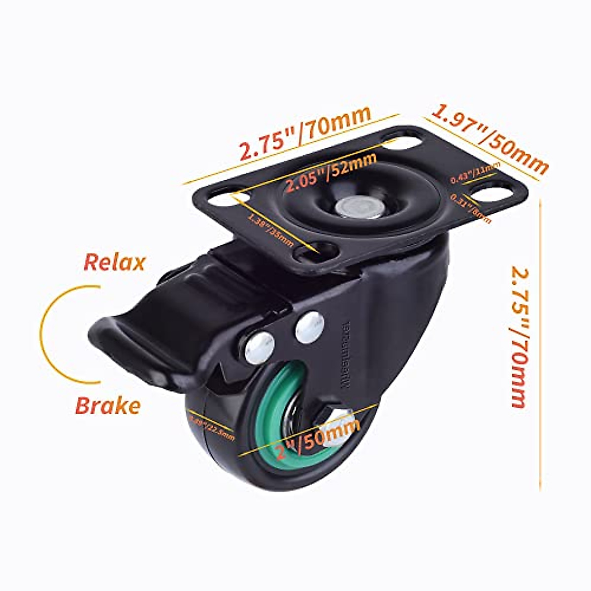 Caster Wheels 2 inch Heavy Duty with Brake,Swivel Plate(2.76 * 1.97 inch) Casters Set of 4 Total Load Capacity 616 lbs,No Floor Marks,Silent Polyurethane (PU) for Dolly Furniture Wheels