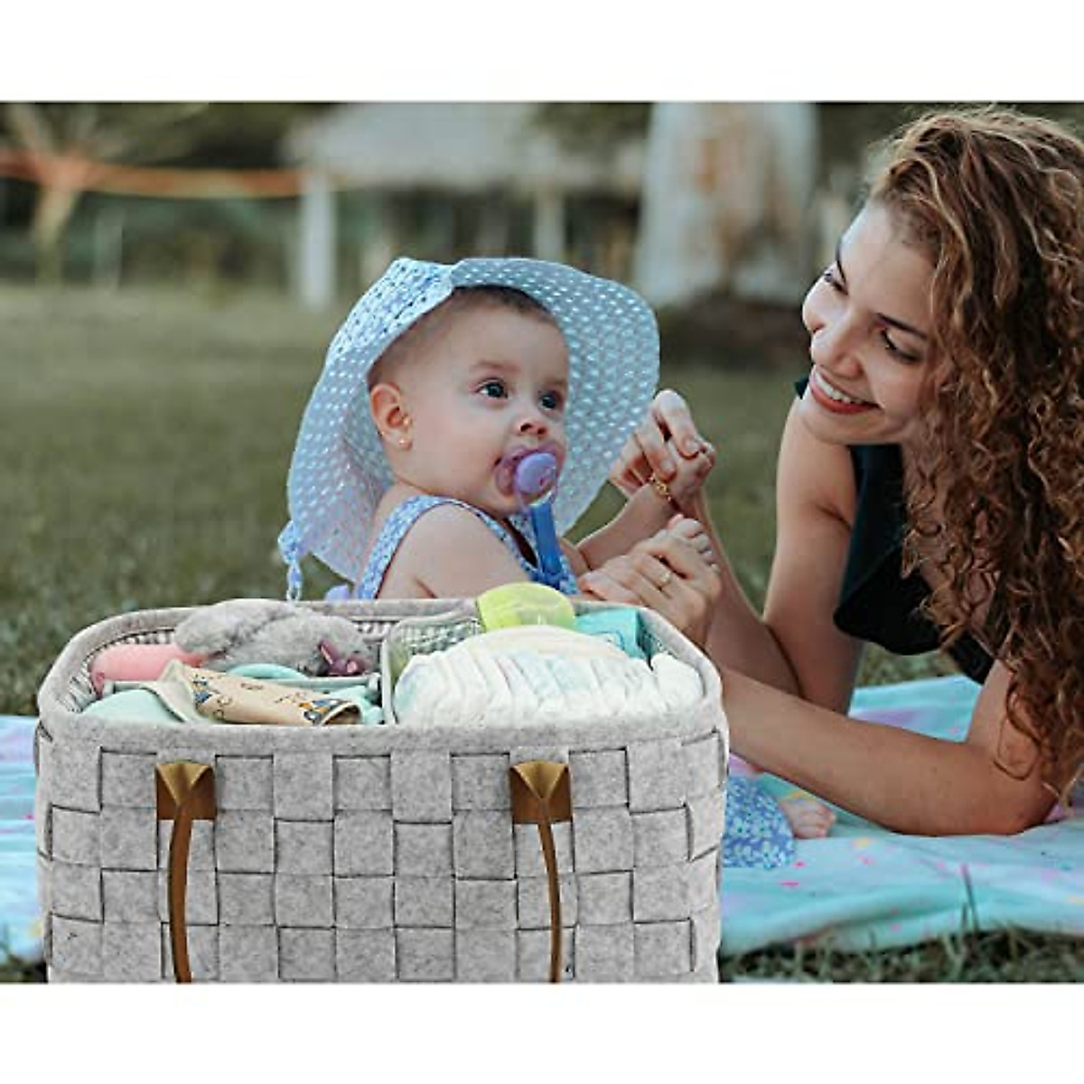 Baby Diaper Caddy Organiser, Woven Felt Large Portable Diaper Bag Organiser Basket for Changing Table, Nursery Storage Bin for Baby Essentials, Car Caddy Travel Organiser, Grey, 40 cm x 20 cm x 28 cm