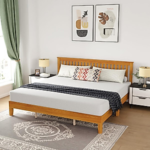 Wood Bed Frame, Wooden Bed Frame with 14 Strong Wooden Slats, King Headboard and Frame with Complete Headboard, Wood Platform Bed, No Box Spring Needed, King Bed Frame Wood with Solid Wood Foundation