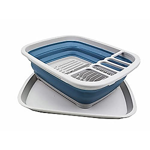 SAMMART 8L (2.11Gallons) Collapsible Dish Drainer with Drainer Board - Foldable Drying Rack Set - Portable Dinnerware Organizer - Space Saving Kitchen Storage Tray (Grey/Steel Blue, 1)