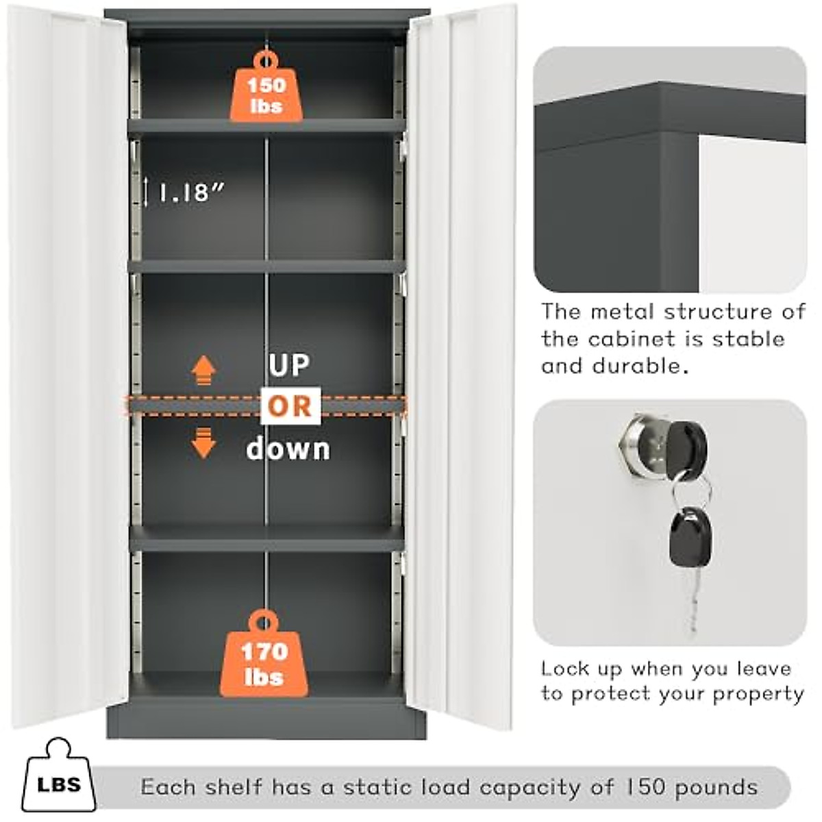 Shahoo Metal Storage Cabinet with Lockable Door and Shelves for File, Tool, Medium Size for Garage, White and Gray