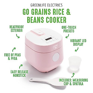 GreenLife PFAS-Free, 4-Cup Rice Beans Oats and Grains Cooker, Healthy Ceramic Nonstick, Easy to Use Automatic Presets, Dishwasher Safe Parts, Pink
