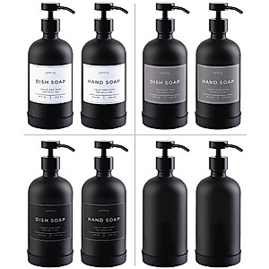 Verute 16oz Glass Soap Dispenser with Stainless Steel Pump, 21 Waterproof Labels, Non-Slip Protective Silicone Pad, Set of 2 for Bathroom & Kitchen (Matte Black Bottle/Black Pump)