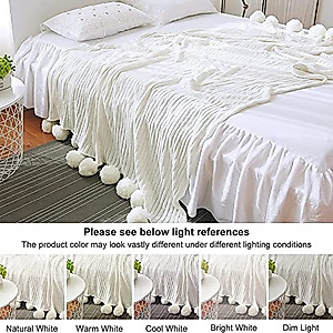 Fomoom Pom Pom Throw Blanket, Knit Blanket with Pompom Tassels, Decorative Cotton Blanket for Easter Gift, Lightweight Pom Poms Knitted Blanket (Off-White, 39"x59")