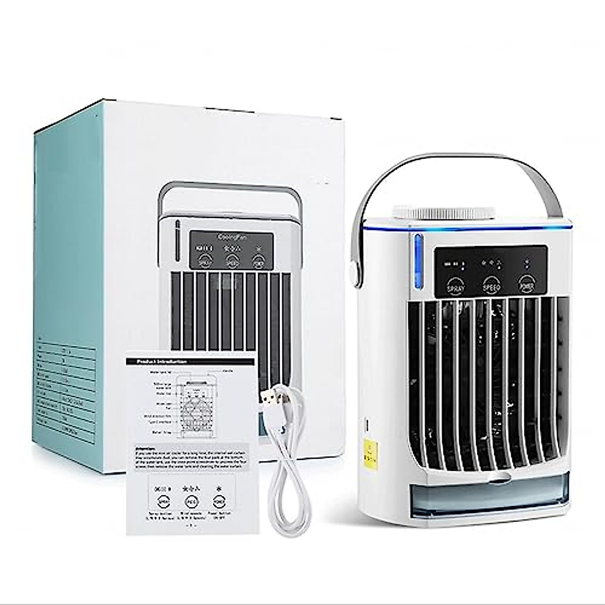Quiet Mini Ac - 500ml Quiet Mini Air Conditioner, Aire Acondicionado Portatil para Cuarto with Blue Atmosphere Light, 3 Mist Modes | Mini Air Conditioner Fan for Room/Office/Camping/Table Car