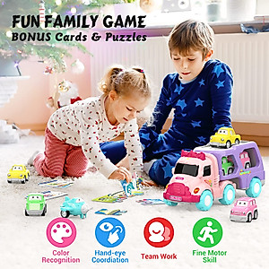 LASCOTON Toys for 1 2 3 Year Old Girl, 5-in-1 Carrier Truck for Toddler Girl, Friction Power Toy Cars with Light & Sound, Birthday Gifts, Pink