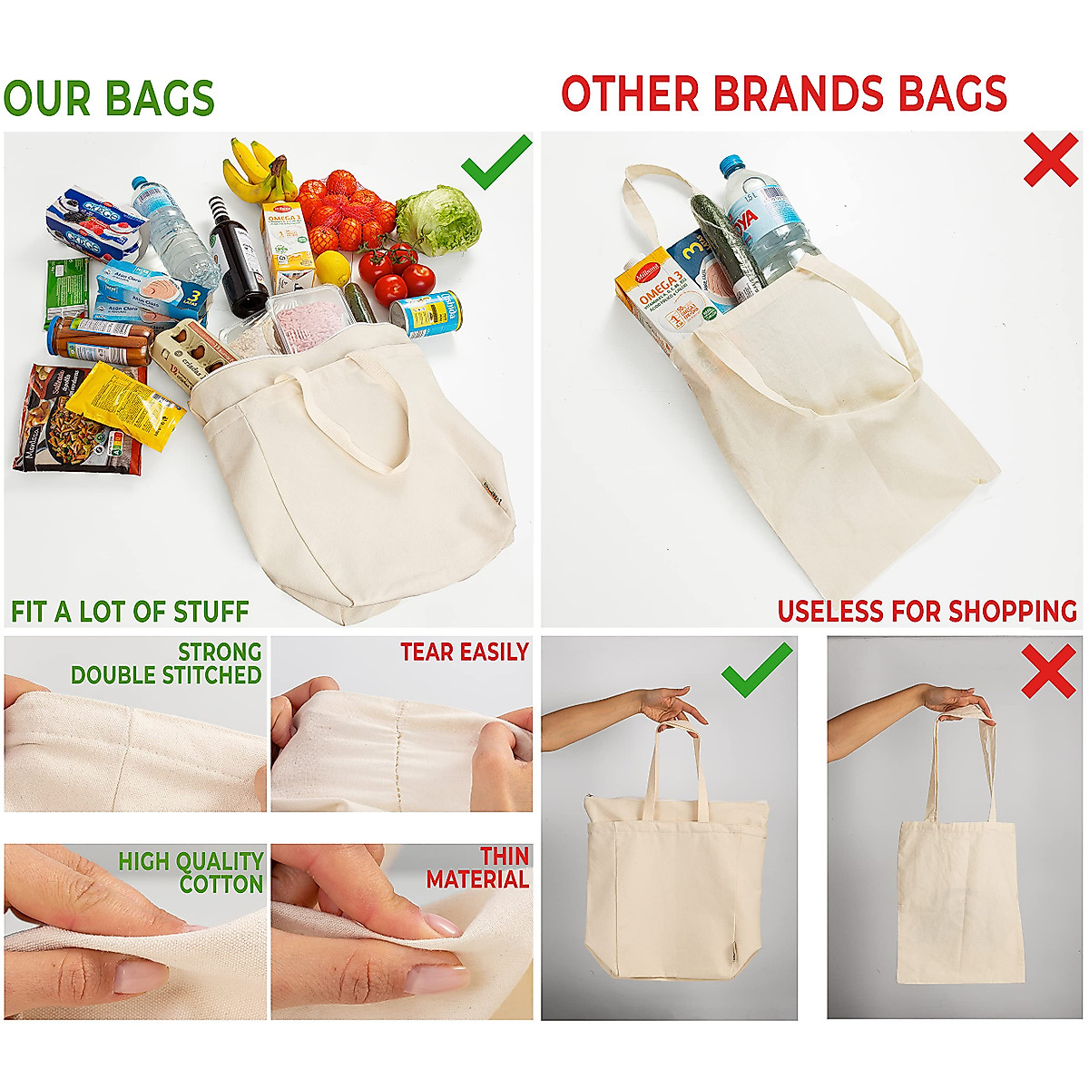 Canvas Tote Bags, 2 Pcs Cloth Reusable Tote Bag with Pocket and Zipper, Large Shopping Canvas Bags with handles