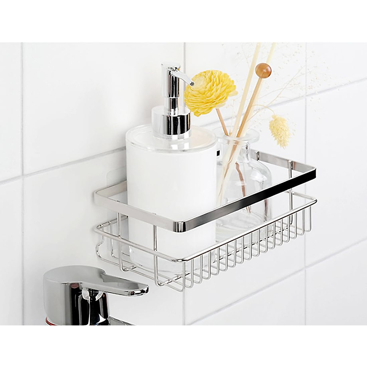 Adhesive Shower Caddy Compact Shelf Organizer Holder Bathroom Kitchen Self Adhesive Compact Storage for inside Shower Rack No Drilling Multipurpose Wall Mounted Stainless Steel Basket Rustproof