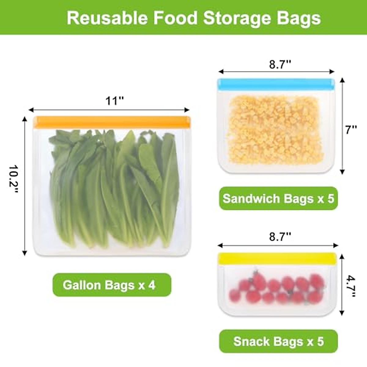 Moretoes 14 Pack Reusable Ziploc Bags, Stasher Silicone Reusable Storage Bag for Lunch Salad Fruit (4 Gallon Freezer Bags+5 Sandwich Bags+5 Leakproof Snack Bags)