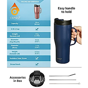 CIVAGO 30 oz Tumbler Mug with Lid and Straw, Insulated Travel Coffee Mug with Handle, Stainless Steel Vacuum Coffee Cup, Leakproof, Rose Gold