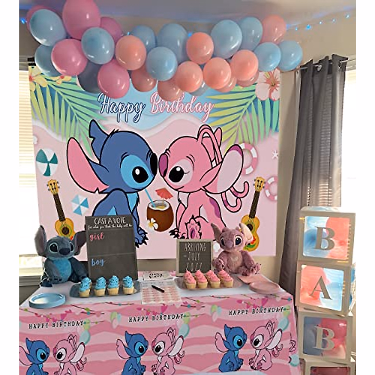 Pink Cartoon Themed Backdrop with Tablecloth 70x42in for Girls Family Birthday Party Decorations Supplies 6x4ft