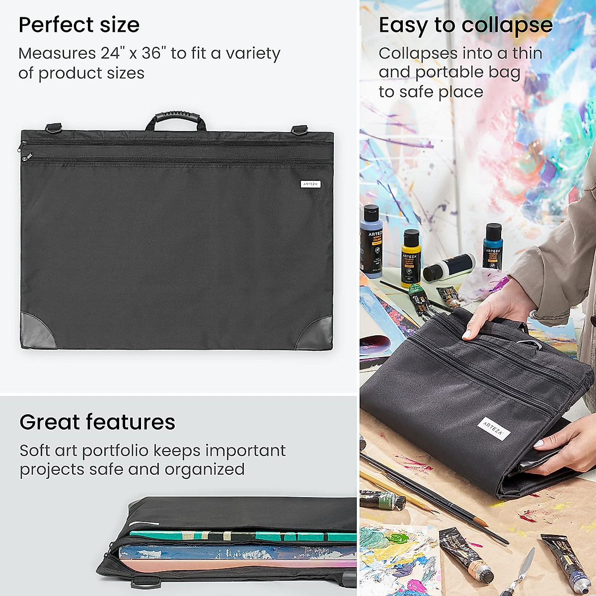 Arteza Art Portfolio Case, 24 x 36 inches, Black, Large Soft Art Storage Folder for Artwork Organization