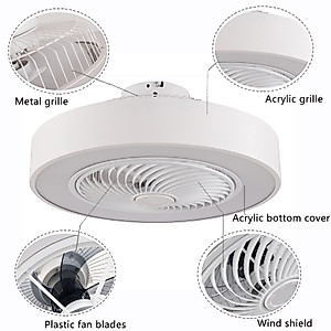 Ceiling Fan with Light Kit,22 Inch Modern LED Remote Control Semi Flush Mount Fandelier with Invisible Acrylic Blades,3 Colors 3 Speeds Changing,Enclosed Low Profile Fan (White)