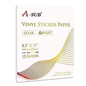 A-SUB Clear Sticker Paper for Inkjet Printers - Waterproof Transparent Printable Vinyl Sticker Paper - 15 Sheets 8.5x11 Inch Glossy Clear Label Paper for Custom Stickers, Decals
