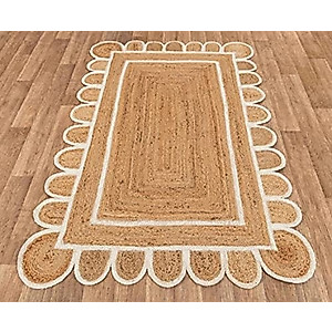 Natural Jute Scalloped Rug Bohemian Rug Decor Rug Handwoven Rug Custom Rug Decorative Rug by Durriesworld (2 x 4 FT Runner Rug), Brown and White