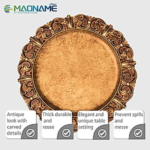 MAONAME 14" Antique Gold Charger Plates with Embossed Rims, Set of 6, Plastic Plate Chargers for Dinner Plates, Table Setting