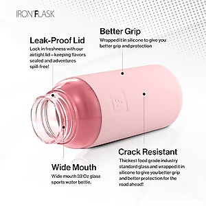 IRON °FLASK Glass Sports Water Bottle - Straw Lid, Airtight Leak Proof, Vacuum Insulated, Bosilicate Glass, Silicone Sleeve, Retains Temperature - Rose, 32 Oz
