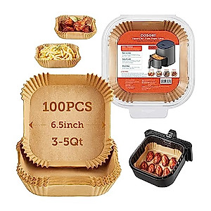 COSORI Air Fryer Liners, 100 PCS Square Disposable Paper Liners, Non-Stick Silicone Oil Coating, Little to No Cleaning, 6.5" Unbleached Food Grade, Resistant to 465°F, Thickened Not Easy to Break