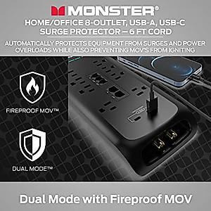 Monster Black Heavy Duty Surge Protector Power Strip 6 ft Cord with 8 120V-Outlet Extension, 2 Ethernet Switch Ports, 4050J Rating, 1 USB-A, and 1 USB-C Charging Ports – Ideal for Computers and Office