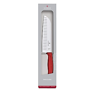 Victorinox 6.8521.17G Swiss Classic Santoku Knife for General-Purpose Slicing, Dicing, Mincing, and Everything In Between Fluted Edge Blade in Red, 6.7 inches
