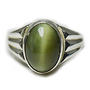 Gemsonclick Handmade Ring Sterling Silver Natural Cats Eye Oval Shape Green Color Chakra Healing Bithstone Rings Bezel Setting in Size 9 for Women, Girls and Ladies
