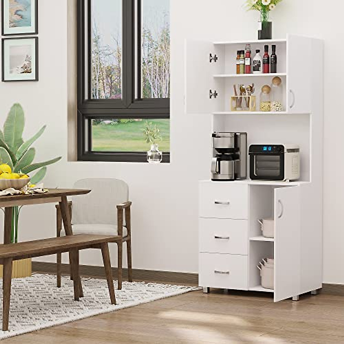 HOMCOM Freestanding Kitchen Pantry, Buffet with Hutch Storage Organizer with 2 Door Cabinets, 3 Drawers and Open Countertop, Adjustable Shelf, White