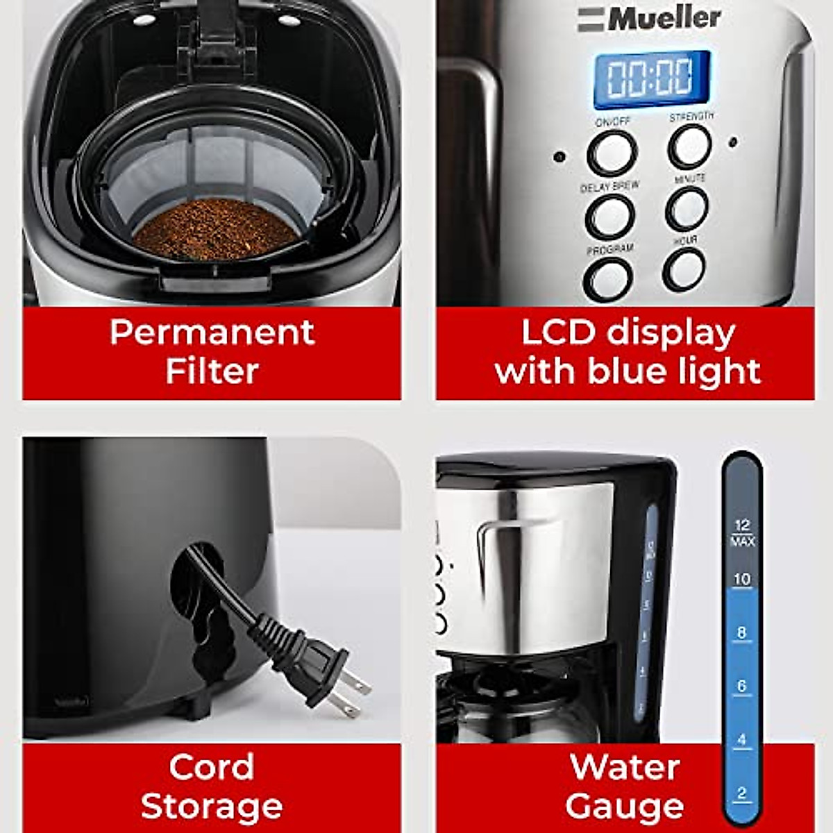 Mueller Ultra Coffee Maker, Programmable 12-Cup Machine, Multiple Brew Strength, Keep Warm